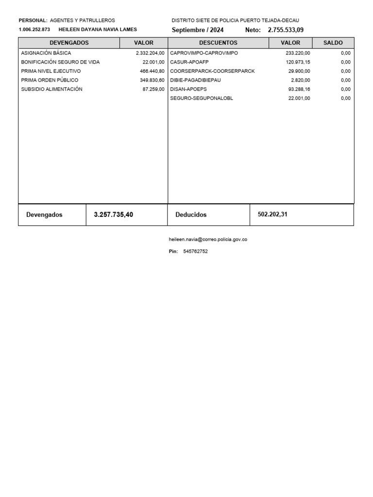 Desprendible de Pago Del Mes de Septiembre PT Heileen Navia | PDF