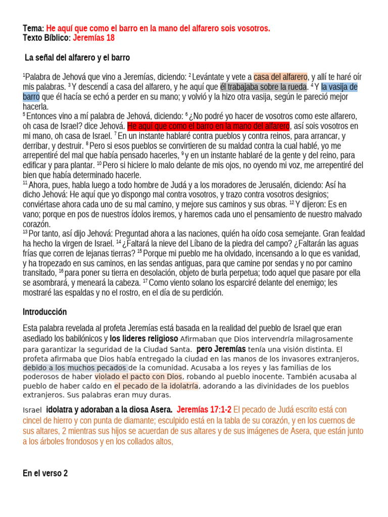 Tema He Aquí Que Como El Barro en La Mano Del Alfarero Sois Vosotros. | PDF
