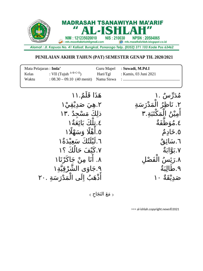 IMLA' - PAT - VII A+B+C+D - Genap 2021 - Fix | PDF