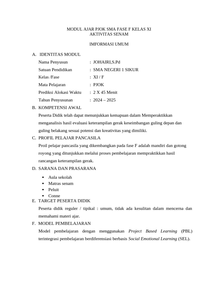 Modul Ajar Pjok Sma Fase F Kelas Xi | PDF