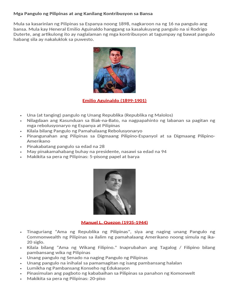 Mga Pangulo NG Pilipinas at Ang Kanilang Kontribusyon Sa Bansa | PDF