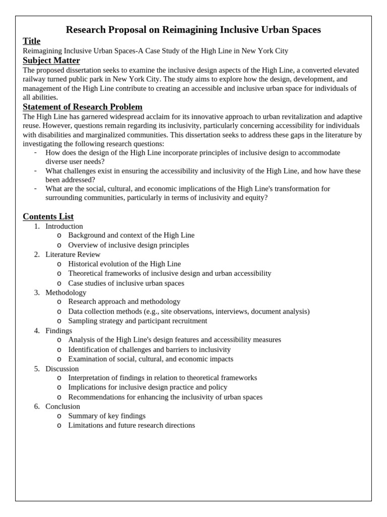 Research Proposal On Reimagining Inclusive Urban Spaces | PDF