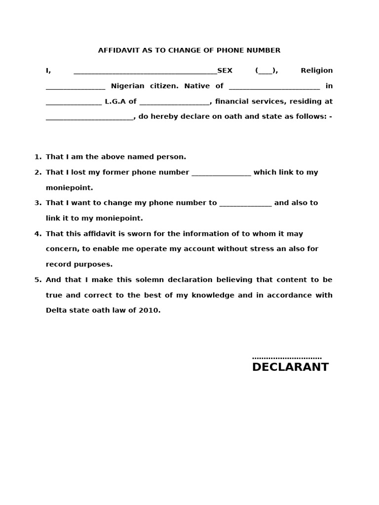 Affidavit As To Change of Phone Number | PDF