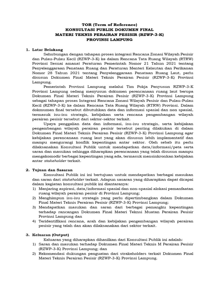 TOR Konsultasi Publik Dokumen Final Matek RZWP3K Lampung | PDF