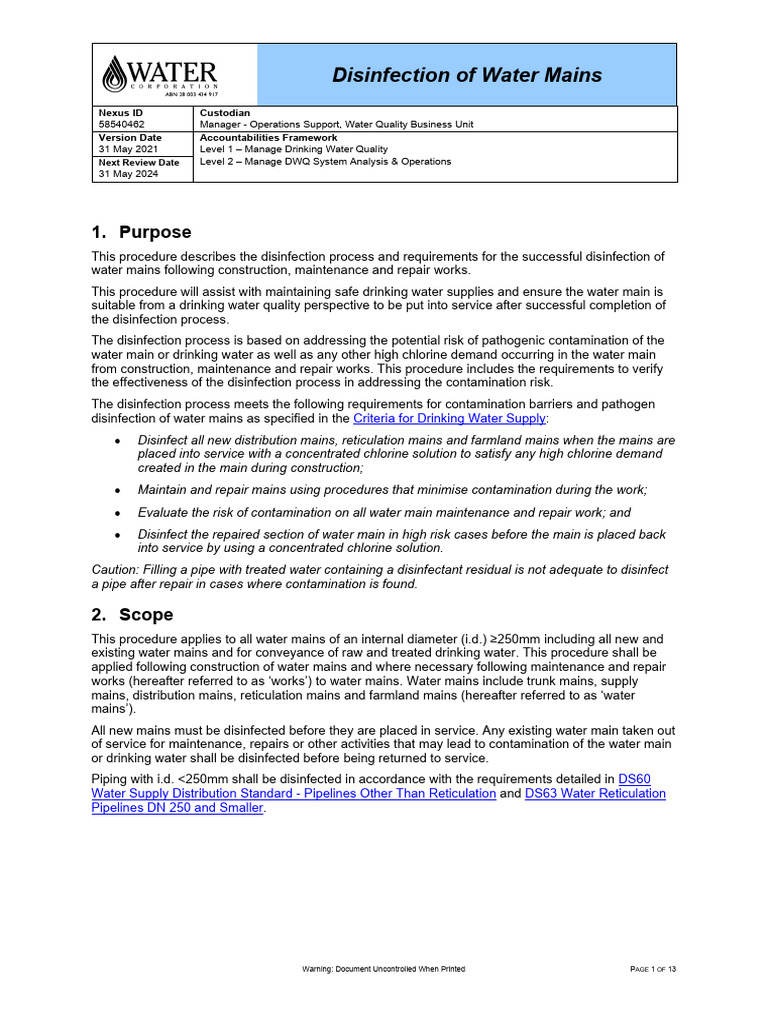 Disinfection Guidelines For Water Mains | PDF | Water Purification ...