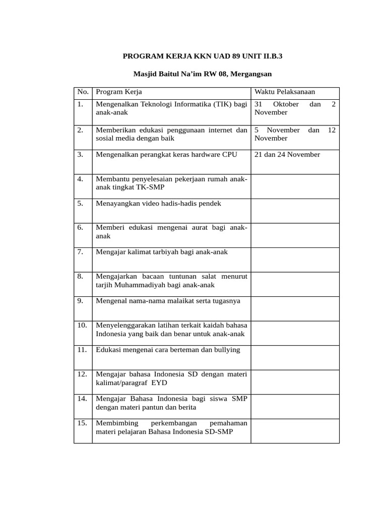 Program Kerja KKN Uad 89 Unit Ii | PDF