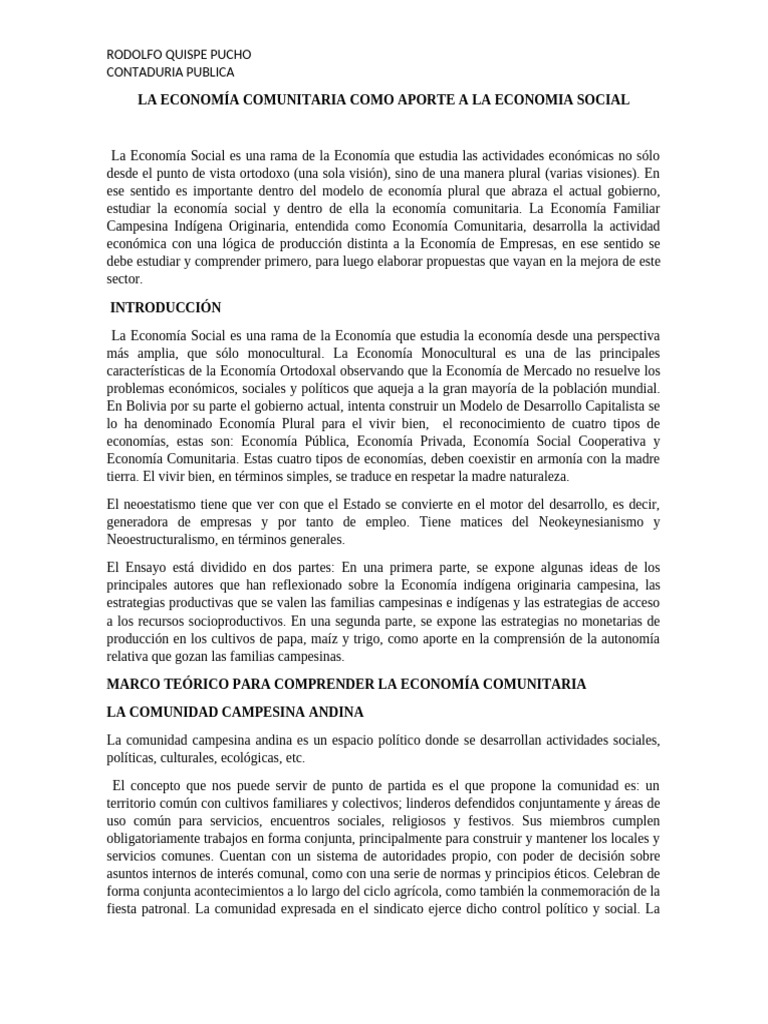 La Economía Comunitaria Como Aporte A La Economia Social | PDF | Agricultura | Campesino