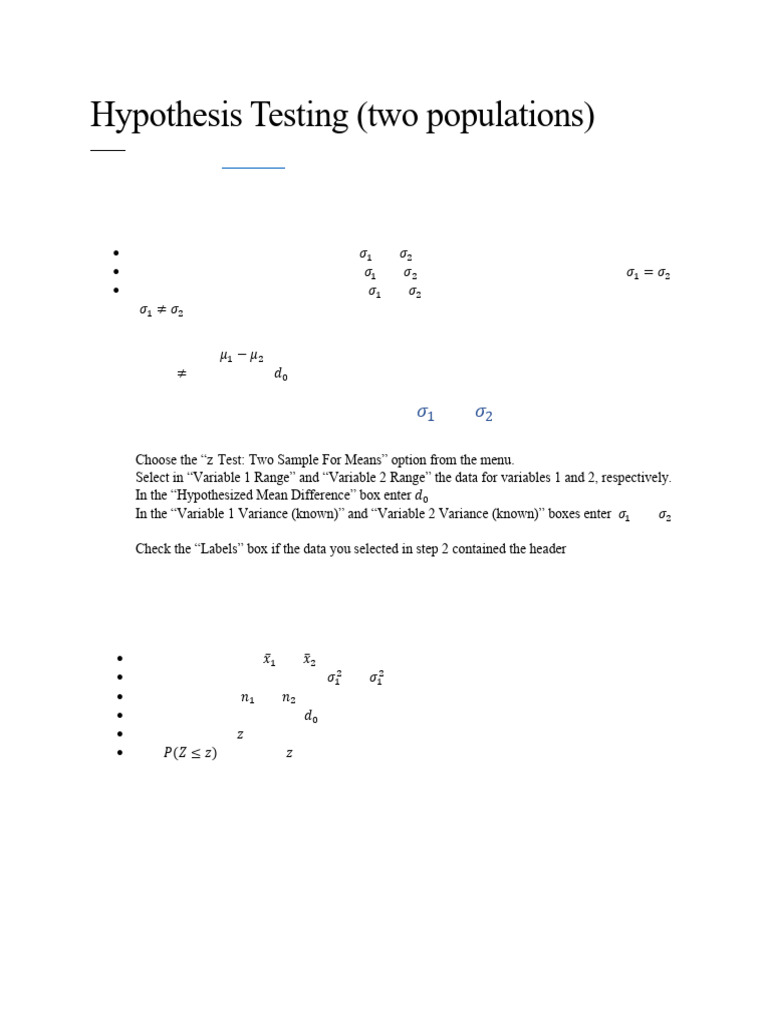 Hypothesis Testing For Two Populations (Excel Tutorial) | PDF