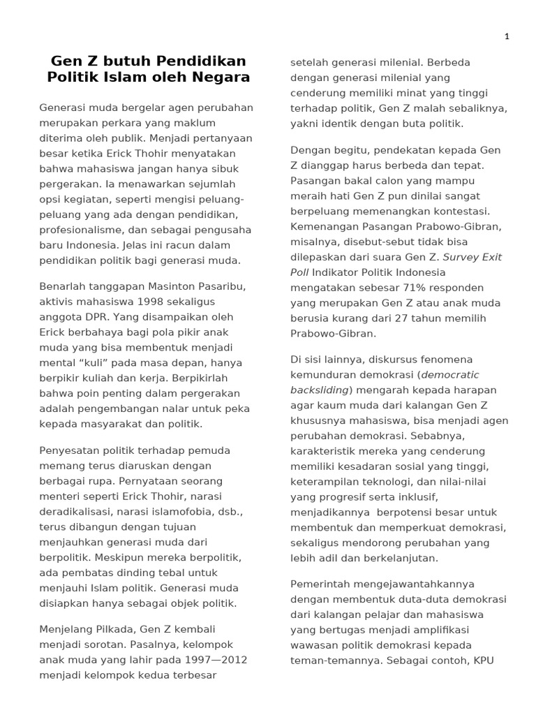 Gen Z Butuh Pendidikan Politik Islam Oleh Negara | PDF
