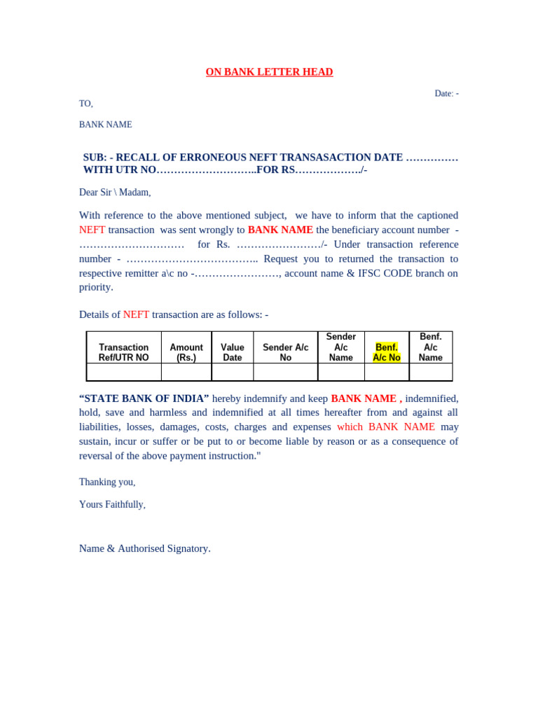 Neft Rtgs Indeminity Format From Sbi | PDF