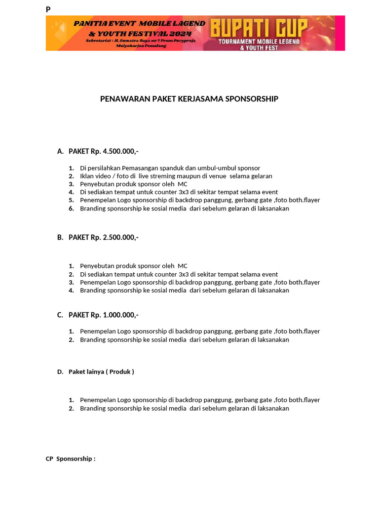 Penawaran Paket Kerjasama Sponsorship A | PDF