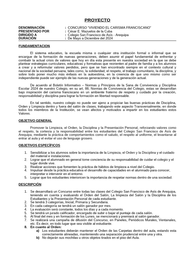 PROYECTO Viviendo El Carisma Franciscano | PDF