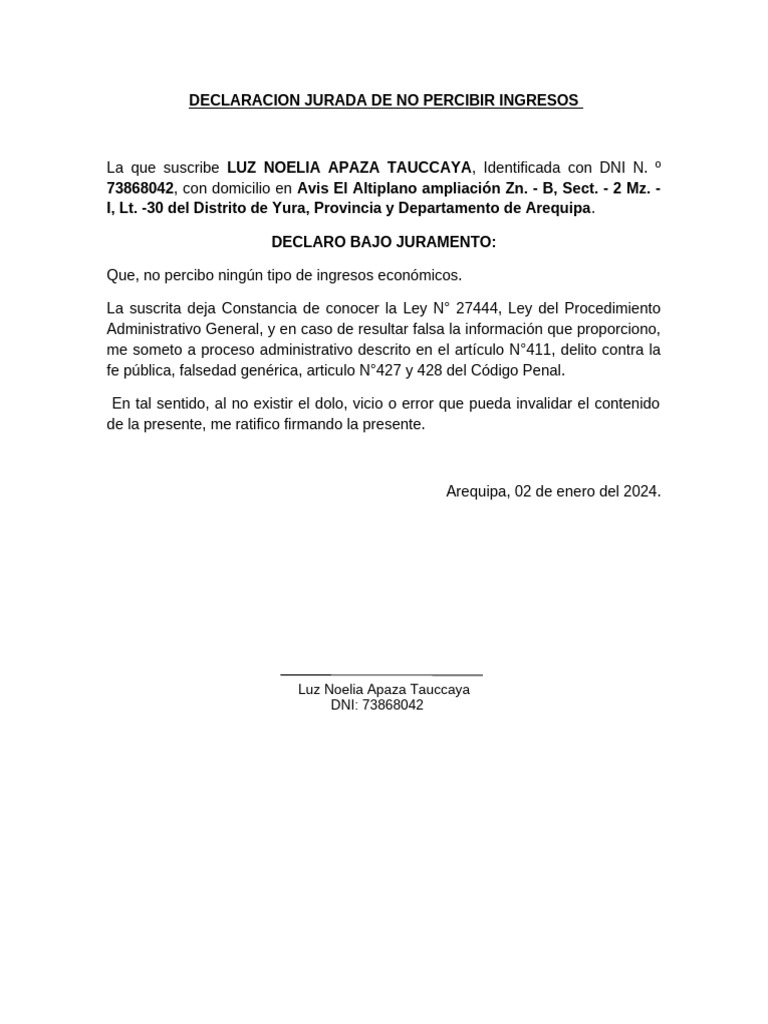 DECLARACION JURADA DE NO PERCIBIR INGRESOS | PDF
