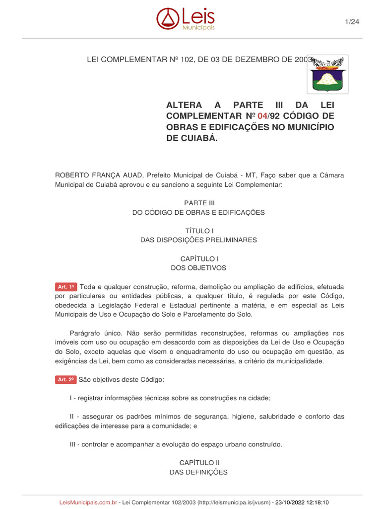 2003 - CÓDIGO DE OBRAS Lei-complementar-102-2003-Cuiaba-MT | PDF