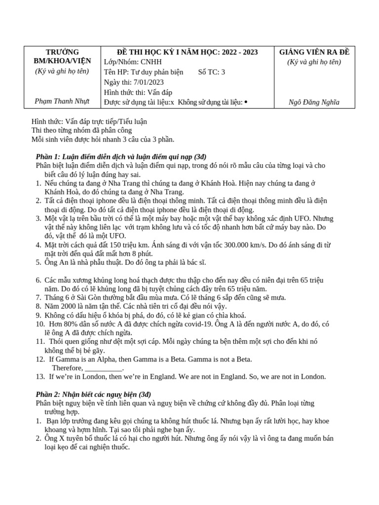 Đề Thi Môn Tdpb - Hk1 Nh 22-23 | PDF