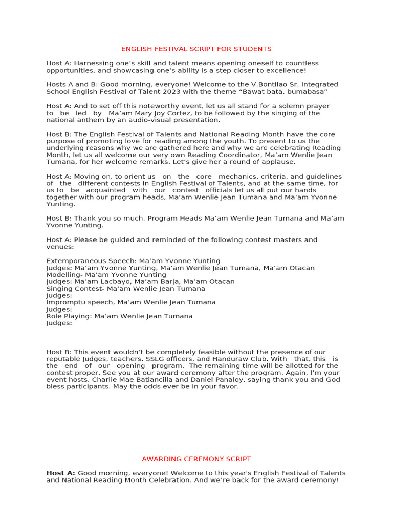 English Fest Script | PDF