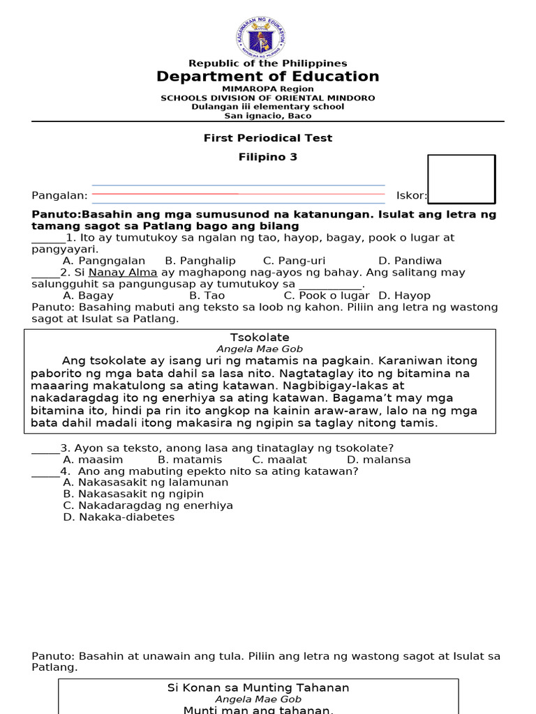 1st Periodical Test FILIPINO 3 | PDF