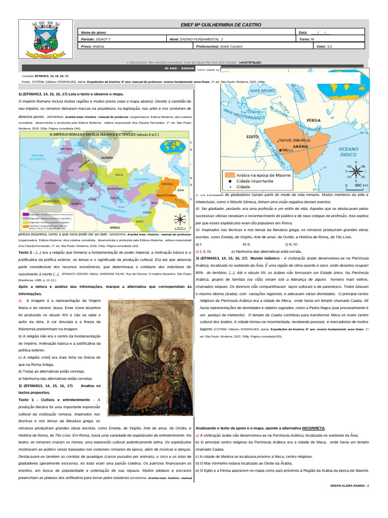 PROVA HIST 6º 2º TRI GABARITO note | PDF