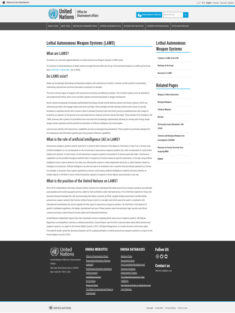 Lethal Autonomous Weapon Systems (LAWS) - UNODA | PDF
