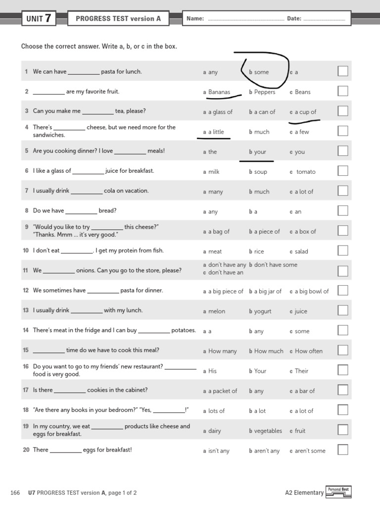 Personal Best A2B - Unit 7-12 - Tests (Multiple-Choice) | PDF | Lunch ...