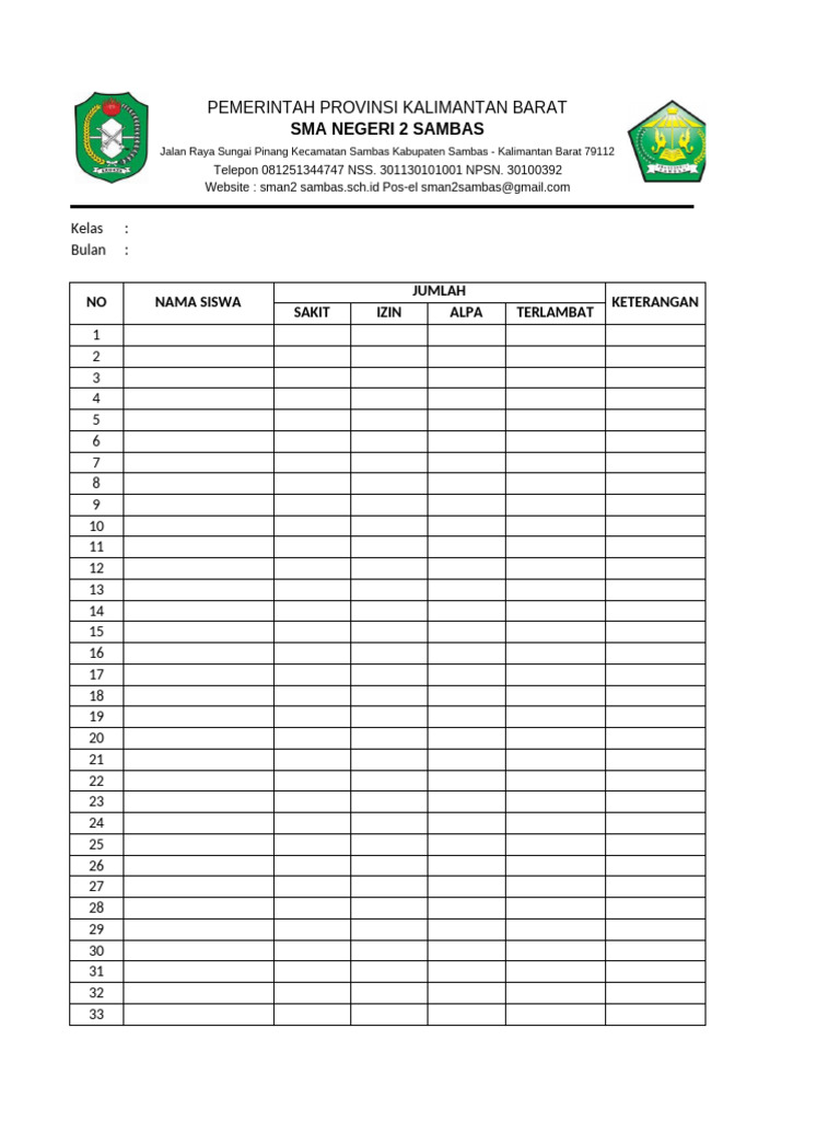Format Rekapan Absen Kelas Perbulan | PDF