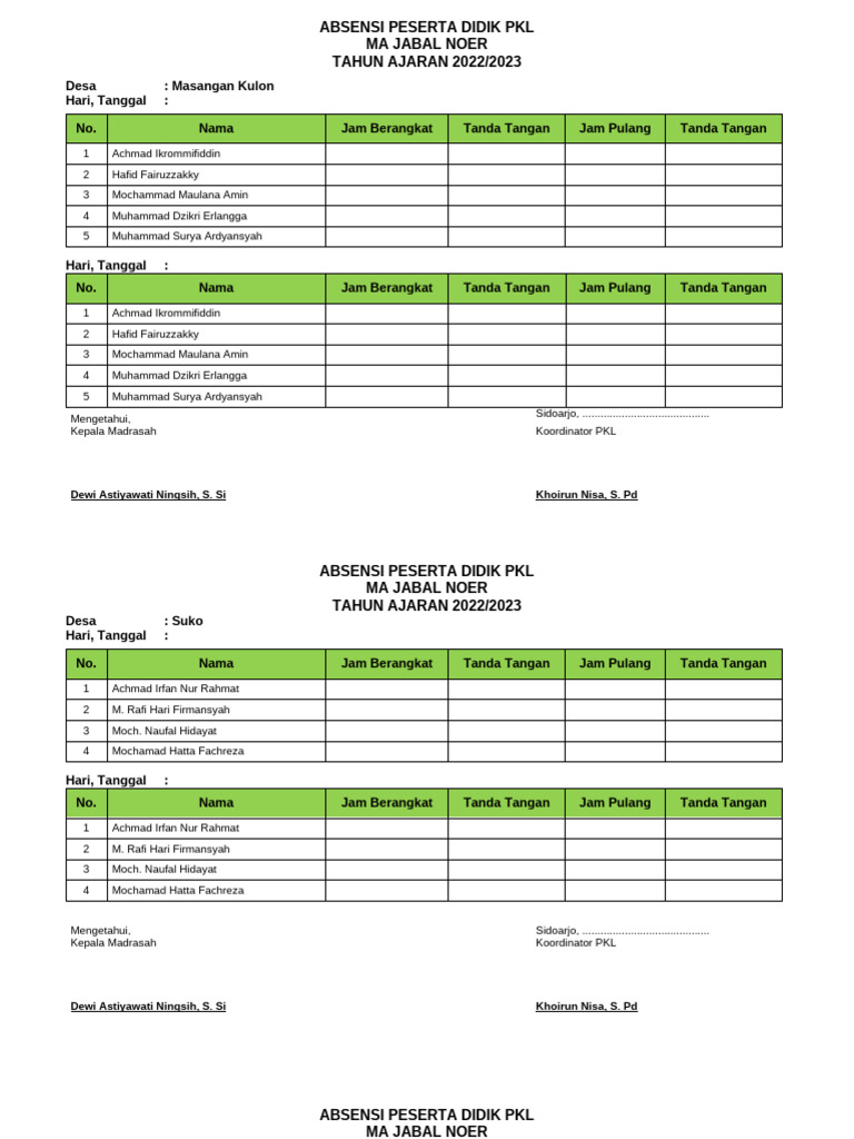 ABSENSI PESERTA DIDIK PKL (Laki-Laki) - 1 | PDF