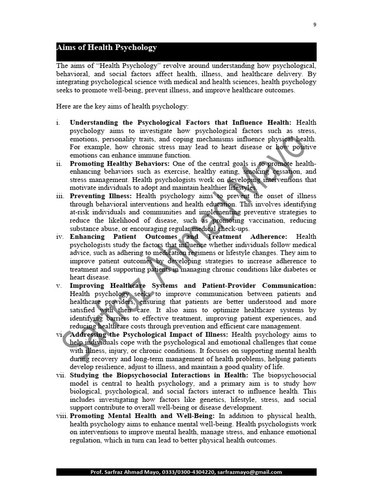 AIMS OF HEALTH PSYCHOLOGY by SARFRAZ AHMAD MAYO | PDF | Health ...