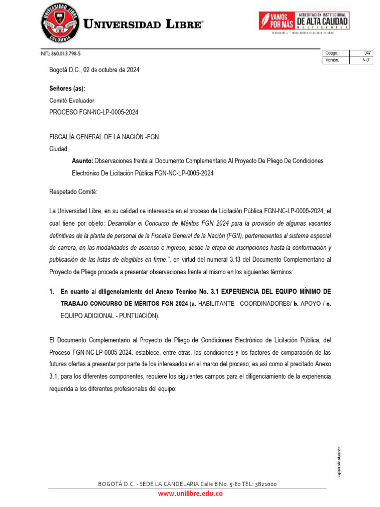 Observaciones Frente Al Documento Complementario LP-0005 2024 FGN - 2 OCT | PDF