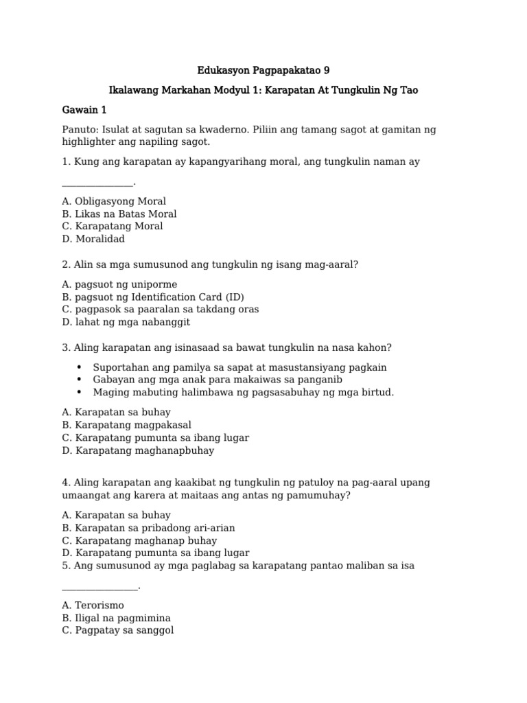 ESP Q2 Module 1 Acitivity 1 | PDF