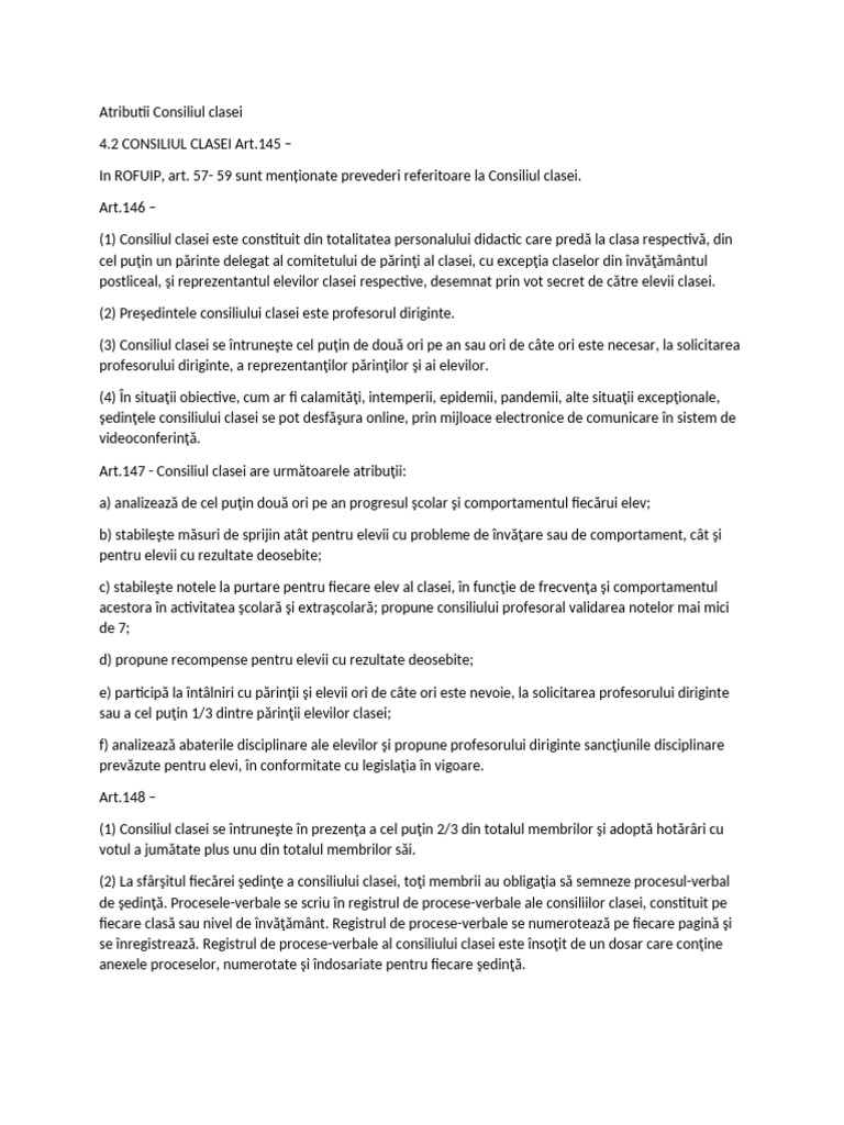 Atributii Consiliul Clasei | PDF