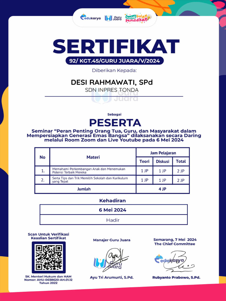 Sertifikat Diklat Seminar Desi | PDF