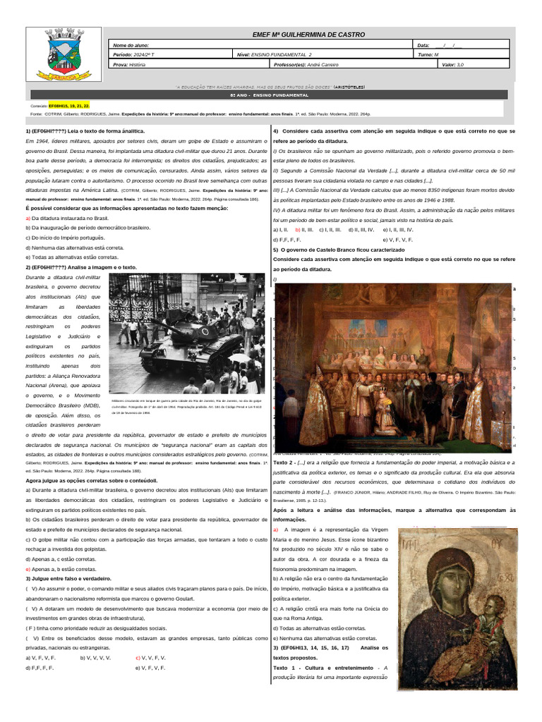 Prova Hist 9º 2º Tri Gabarito - Note | PDF