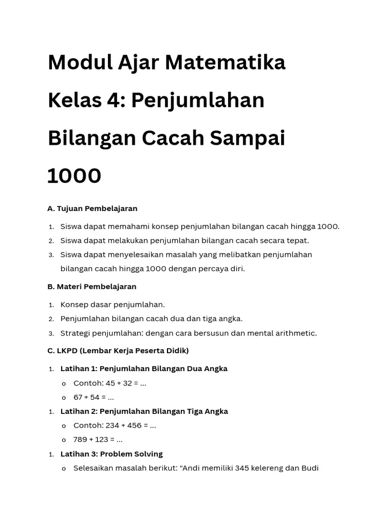 Modul Ajar Matematika Kelas 4 Penjumlahan Bilangan Cacah Sampai 1000 | PDF