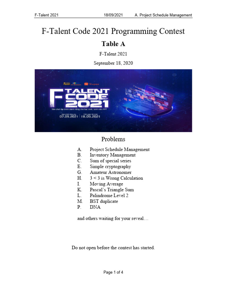 prob-F-Talent 2021 - A.Project Schedule Management | PDF