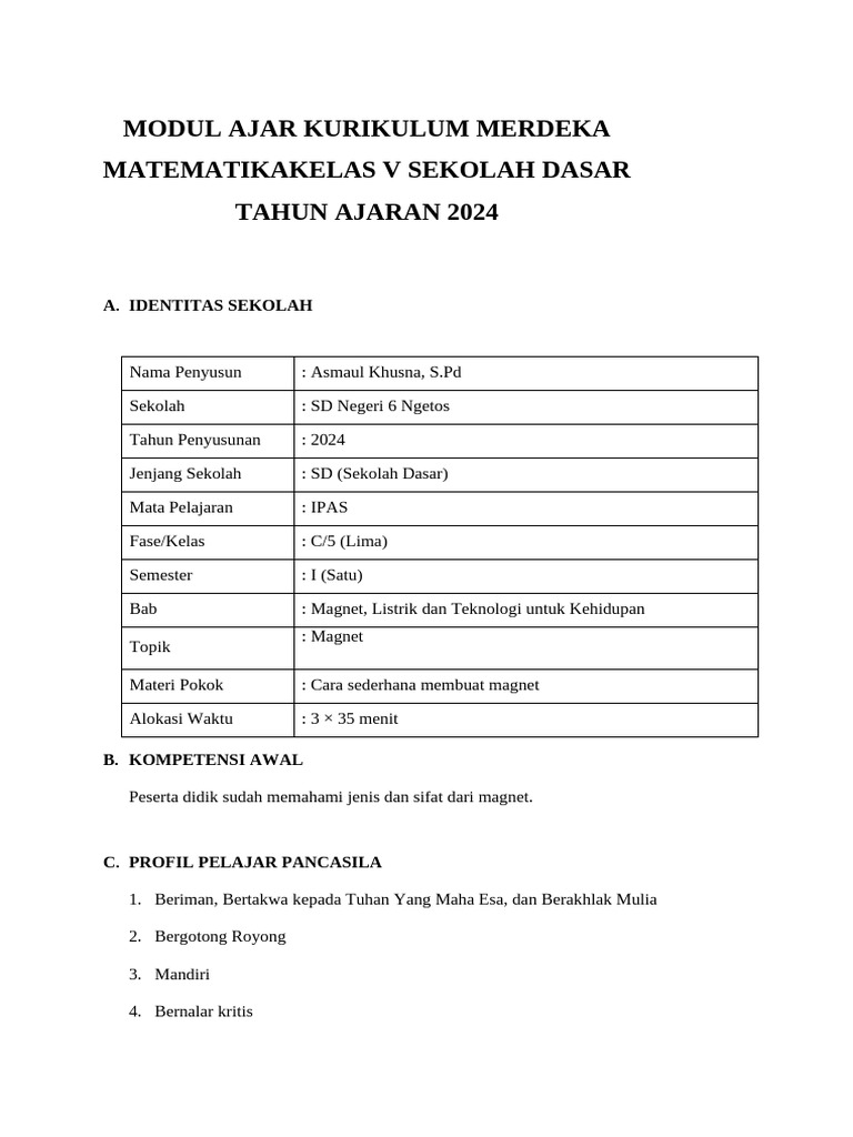 Modul Ajar Diferensiasi IPAS Kelas 5 Materi Cara Membuat Magnet | PDF