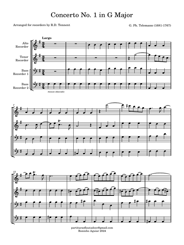 Concerto No1 in G Major - Telemann | PDF | Recorder (Musical Instrument ...