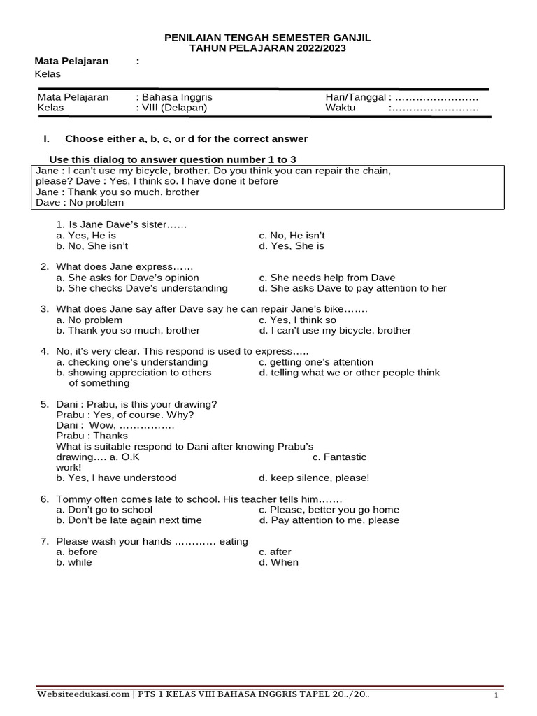 Soal PTS B.Ing Kelas VIII Ganjil | PDF