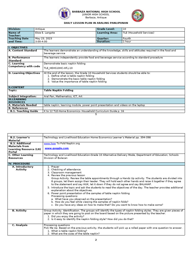 DLP 4A'S TLE 10 by Elsie | PDF