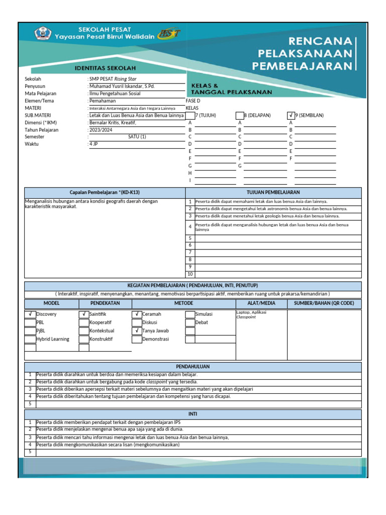 01. RPP(K13) Letak Dan Luas Benua Kelas IX | PDF