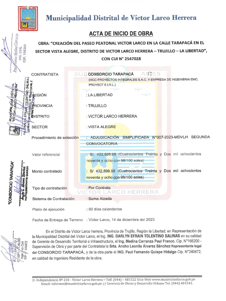 Acta de Inicio de Obra | PDF