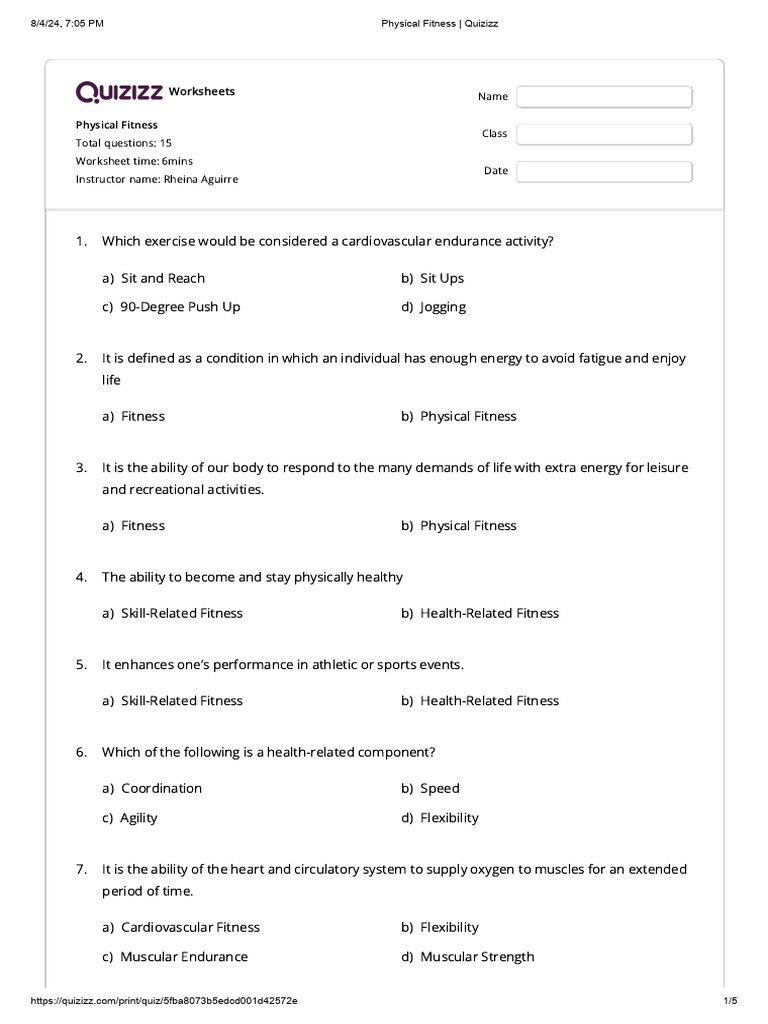 Physical Fitness - Quizizz | PDF