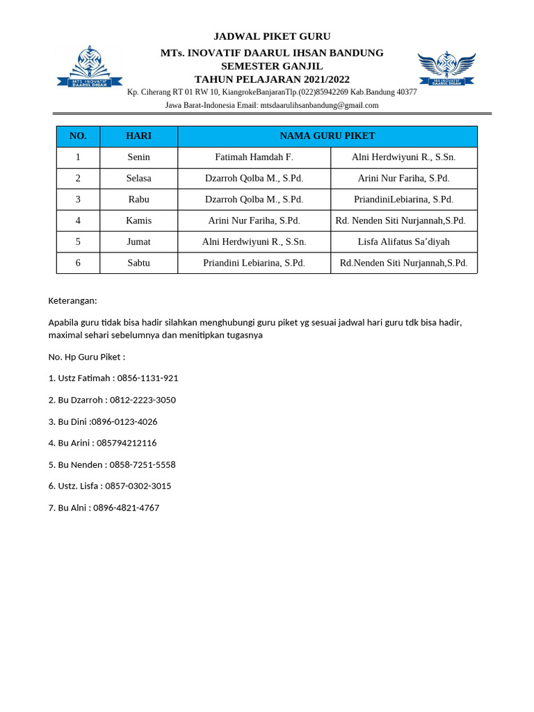 Print Jadwal Pelajaran, Pembina Upacara Dan Piket Guru | PDF