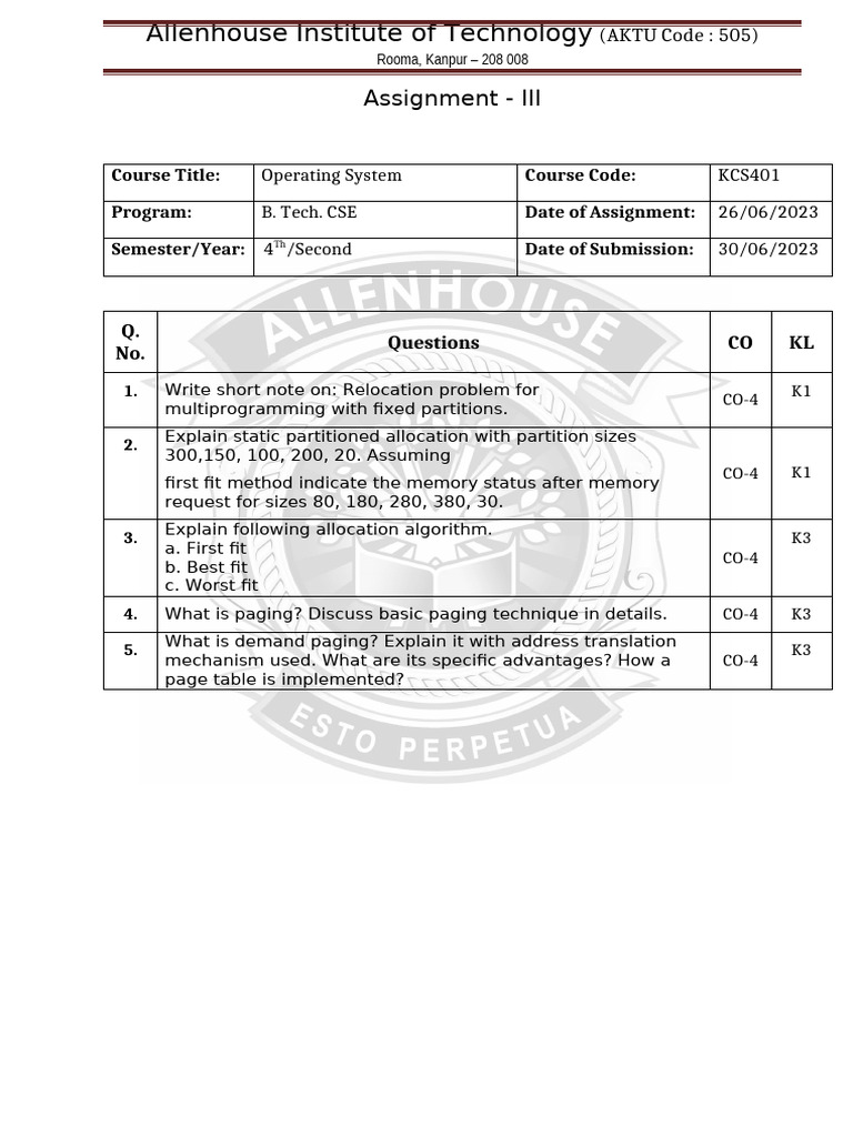 OS KCS401 Assignment 3 | PDF