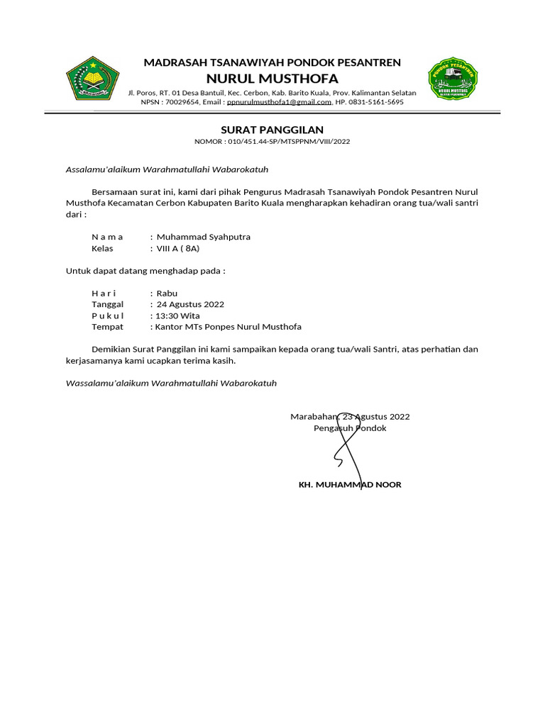 Surat Pemanggilan Ortu Santri | PDF