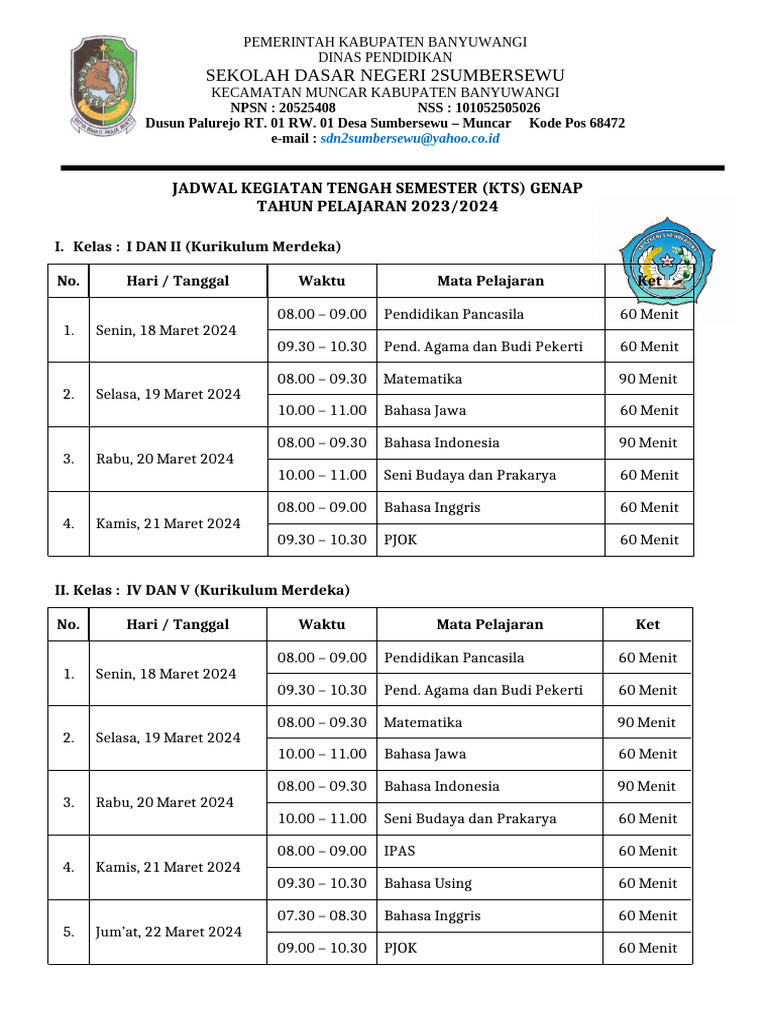 JADWAL KTS GENAP TA. 2023-2024 | PDF