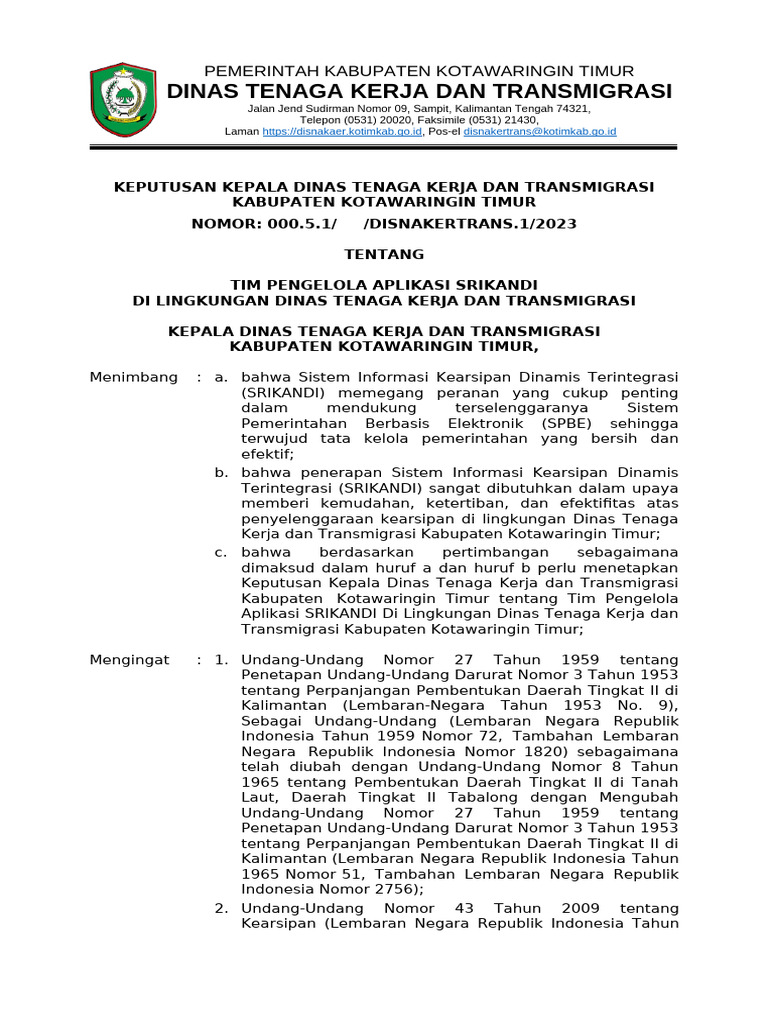 Contoh Format SK Tim Pengelola Aplikasi SRIKANDI Pada OPD (TTD MANUAL) | PDF