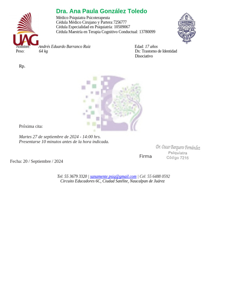 Receta Psiquiatría 2024 | PDF | Relaciones personales, crianza y ...