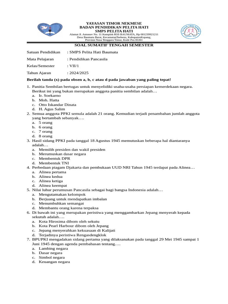 Soal Sumatif PPKN Kelas 7 Sems 1 | PDF