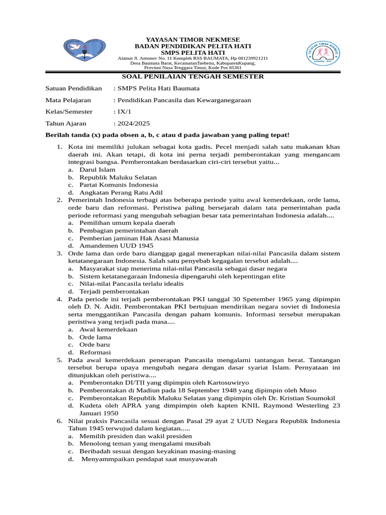 Soal PTS PPKN Kelas 9 | PDF