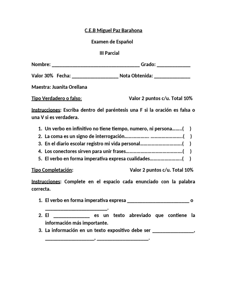 Examen de Español III Parcial Cuarto 2024 | PDF